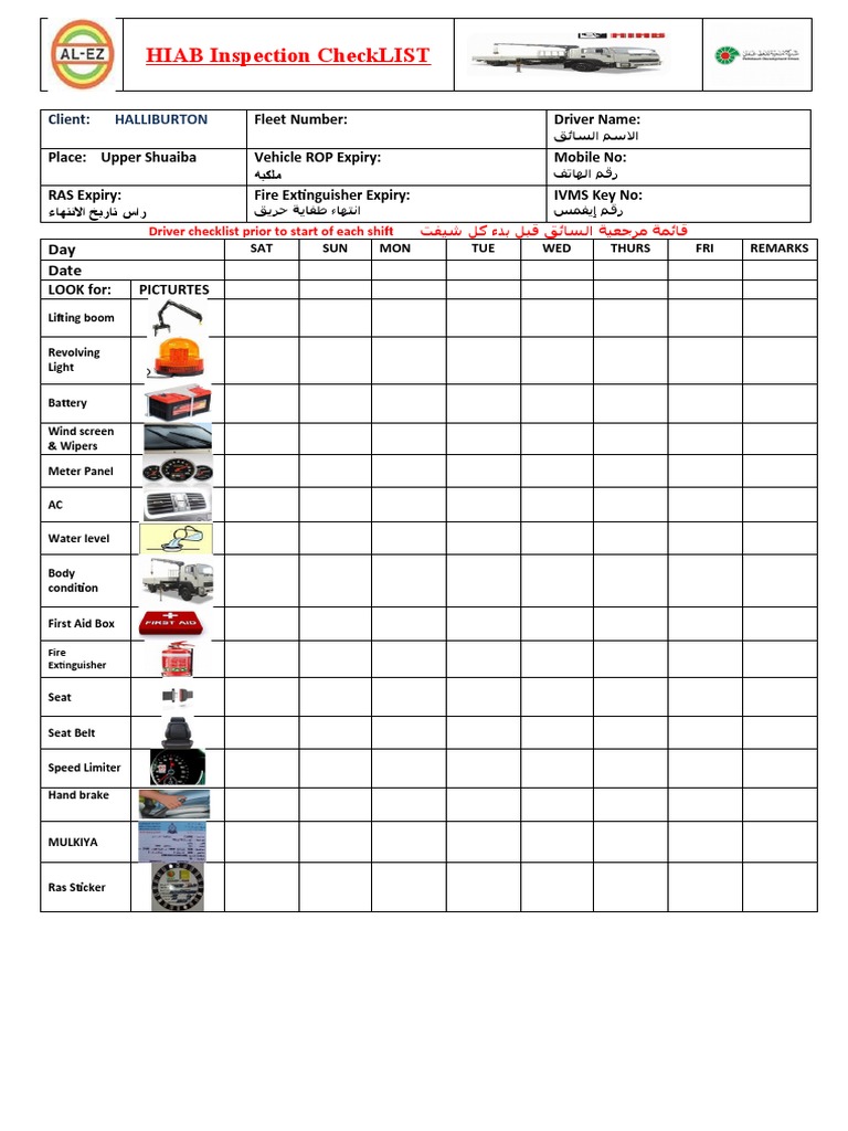 Hiab Inspection Checklist: Day Date | PDF