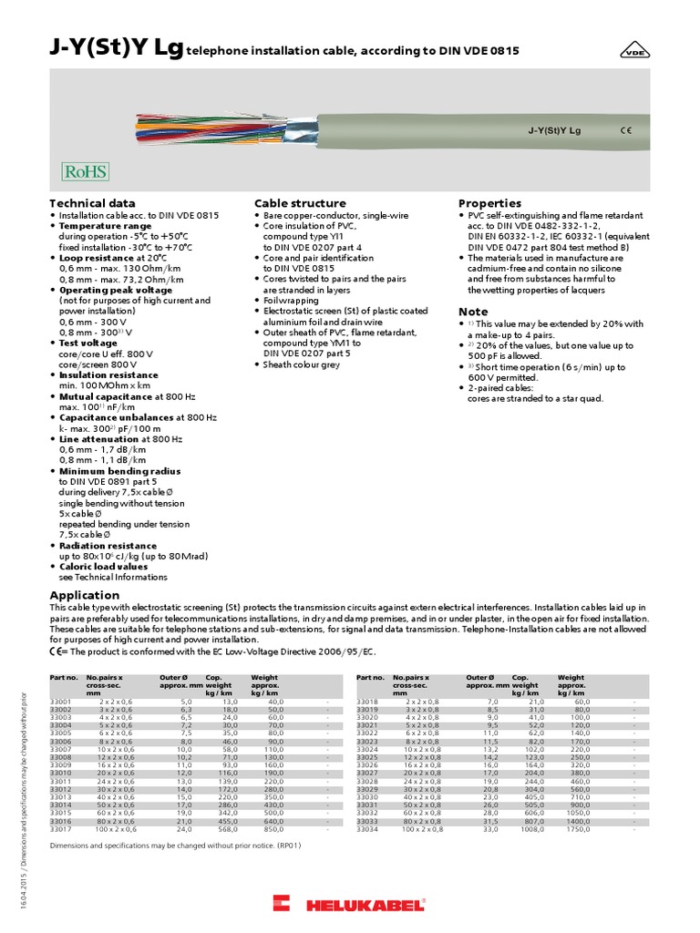 J-Y (ST) Y LG: Telephone Installation Cable, According To DIN VDE 0815 ...