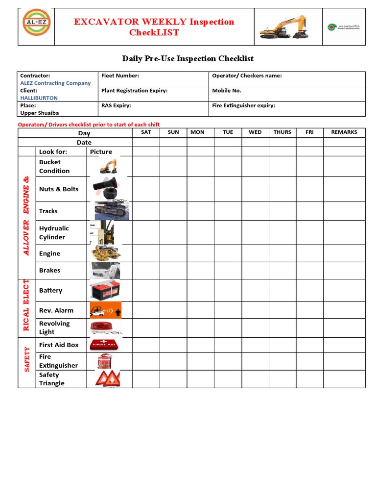 Excavator Weekly Inspection Checklist | PDF