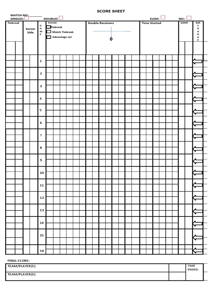 Score Sheet: MATCH NO: - Singles: Doubles Elem: Sec: Double Receivers ...