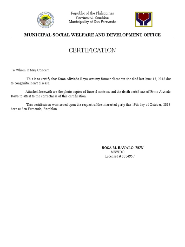 Certification: Municipal Social Welfare and Development Office | PDF