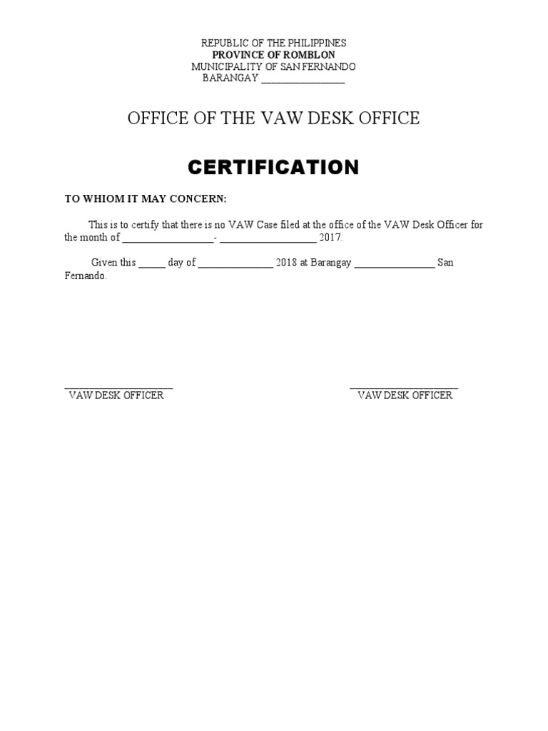 Certification For Vawc | PDF