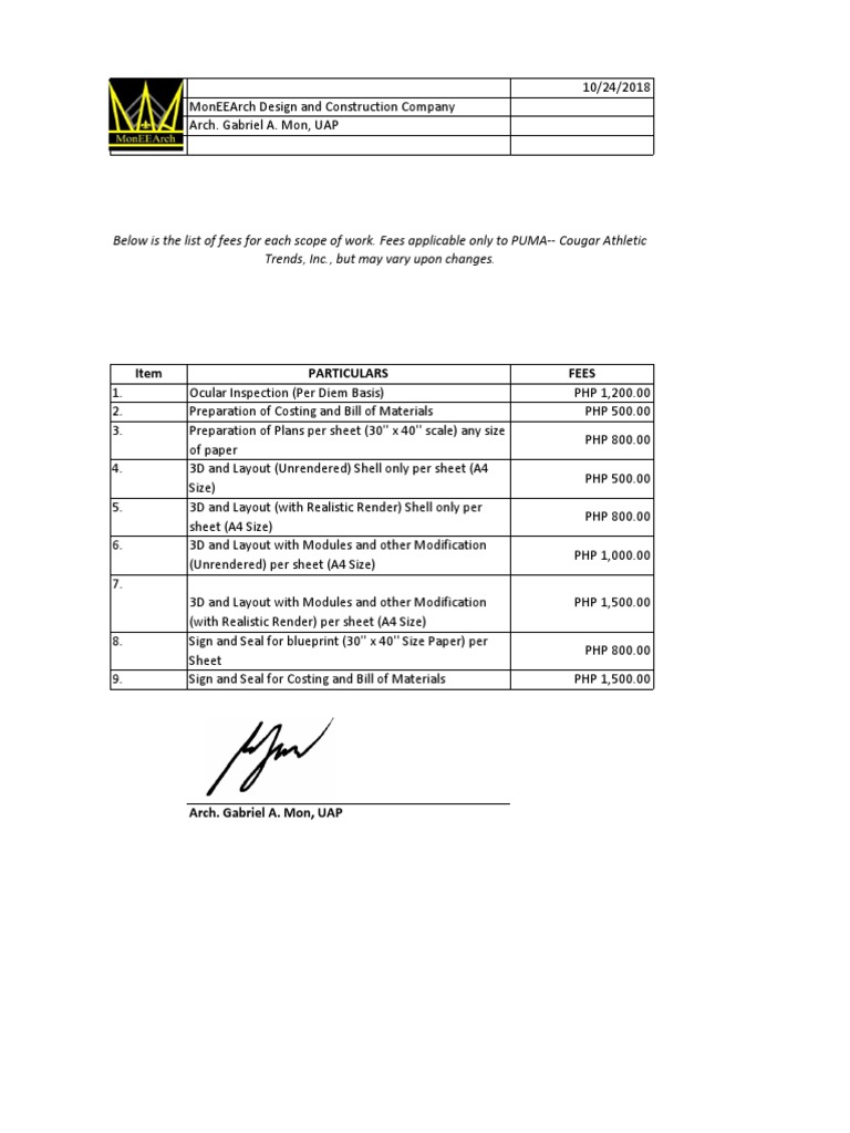 Below Is The List of Fees For Each Scope of Work. Fees Applicable Only ...