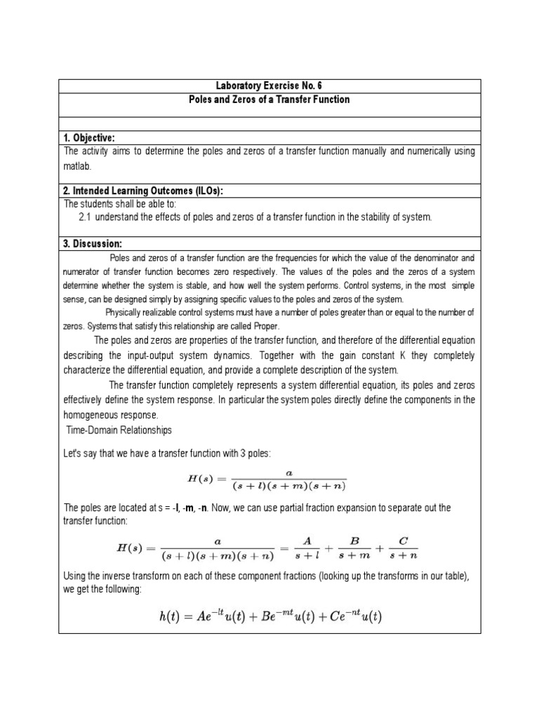 Laboratory Exercise No. 6 Poles and Zeros of A Transfer Function | PDF ...