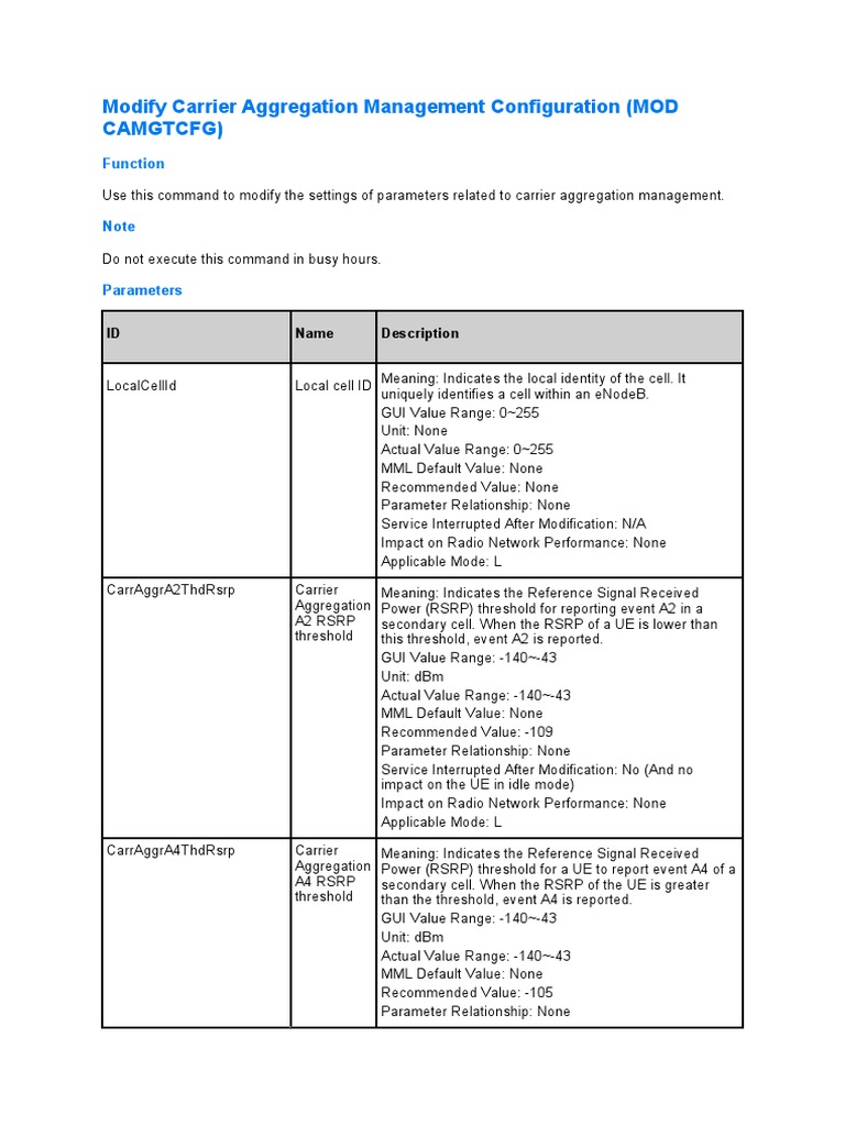 MOD CAMGTCFG (Modify Carrier Aggregation Management Configuration) | PDF | Duplex ...