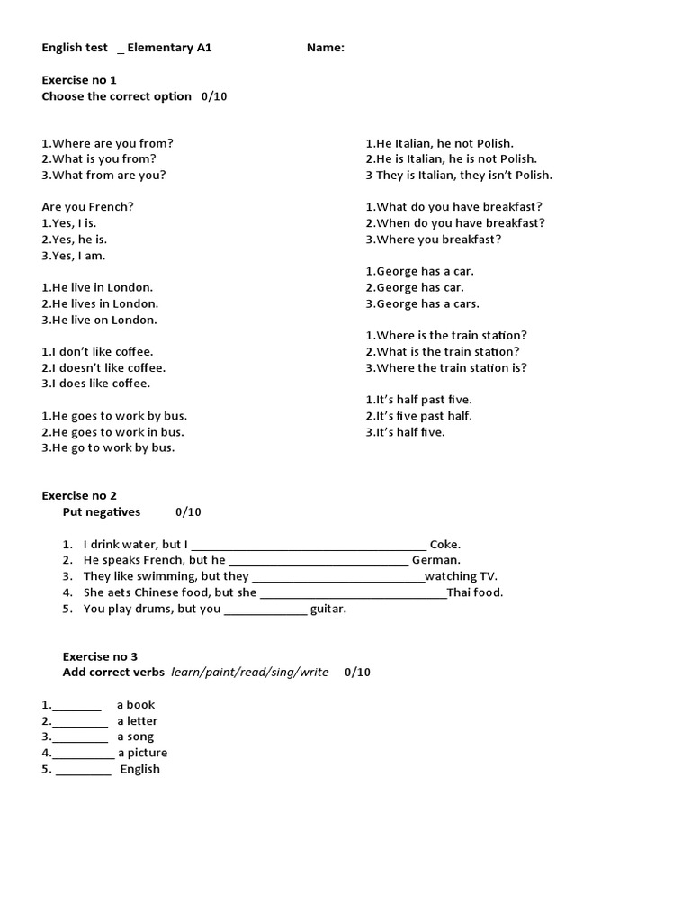 English Test - Elementary A1 Name: Exercise No 1 Choose The Correct ...