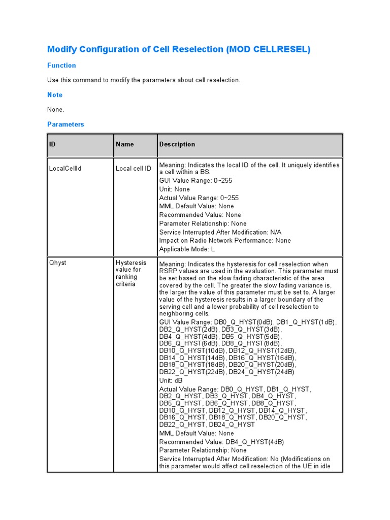 Modify Configuration of Cell Reselection (MOD CELLRESEL) : Function | PDF | Bandwidth (Signal ...