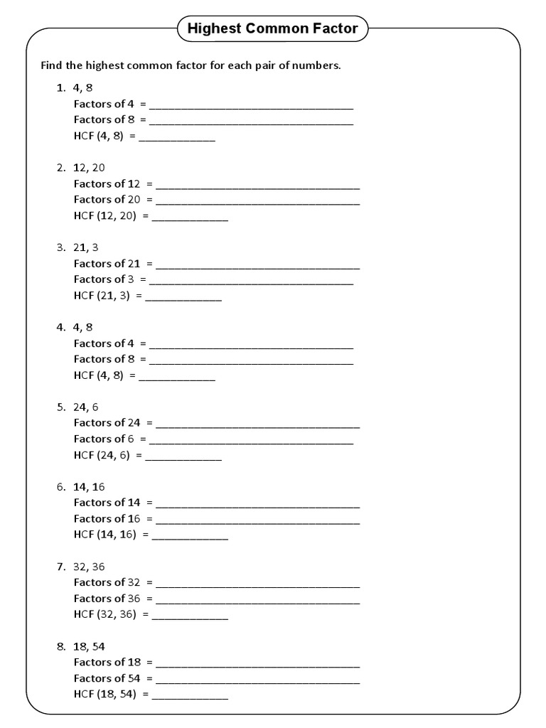 Highest Common Factor Worksheet 1 | PDF | Business | Finance & Money ...