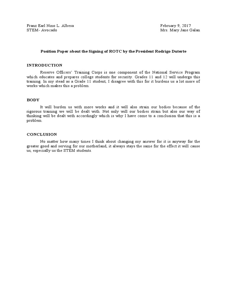 Position Paper About The Signing of ROTC by The President Rodrigo ...