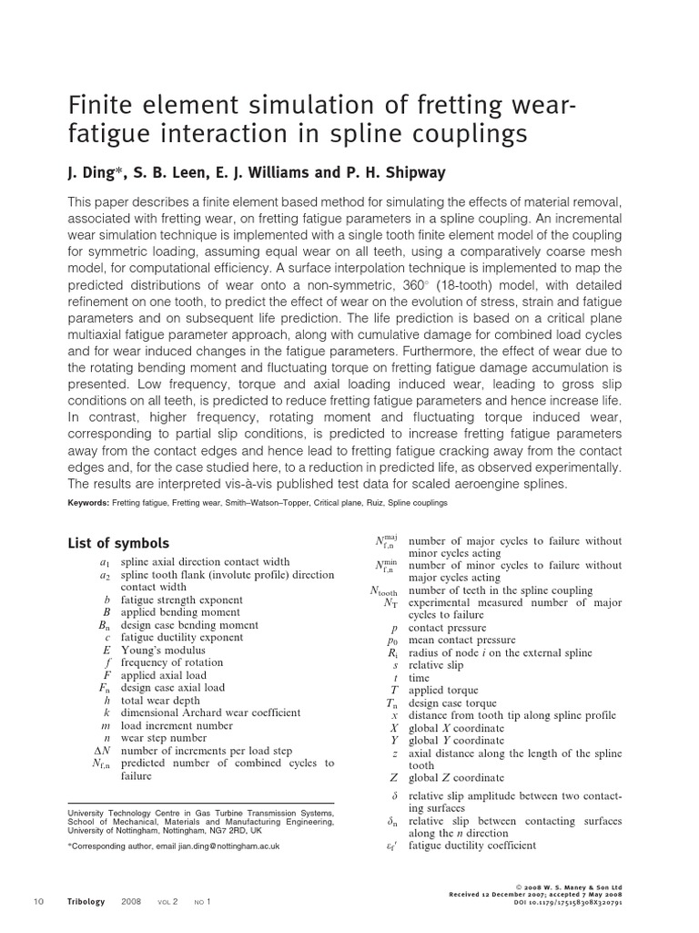 Finite Element Simulation of Fretting Wear-Fatigue Interaction in Spline Couplings | PDF ...