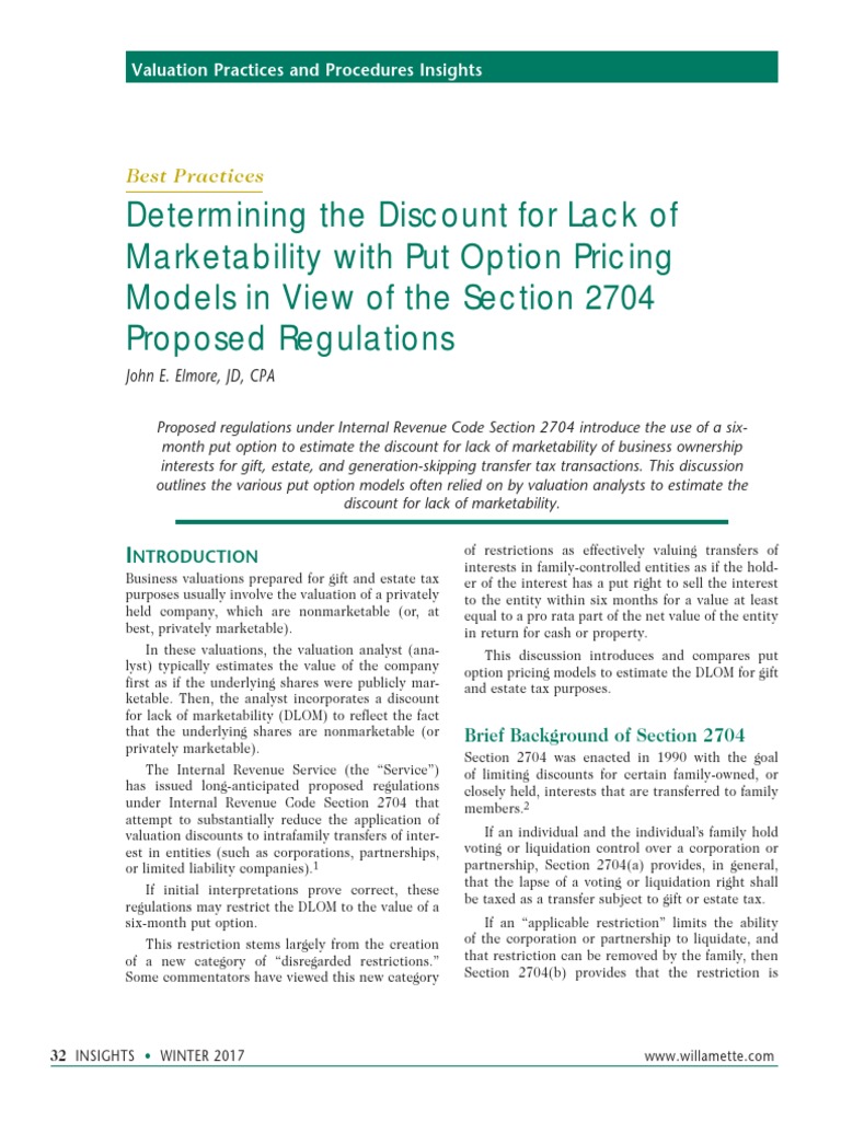 Determining The Discount For Lack of Marketability With Put Option ...