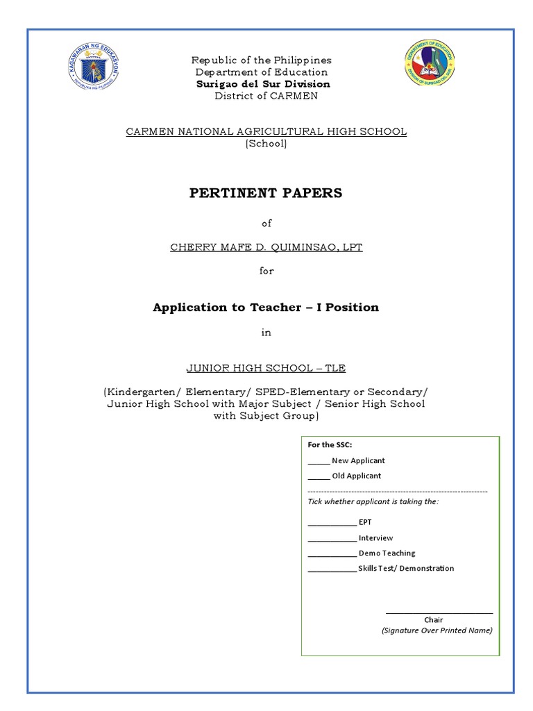 Pertinent Papers: Application To Teacher - I Position | PDF