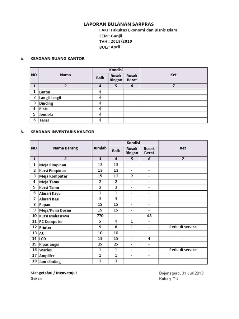 Laporan - Bulanan - Sarpras 1 | PDF