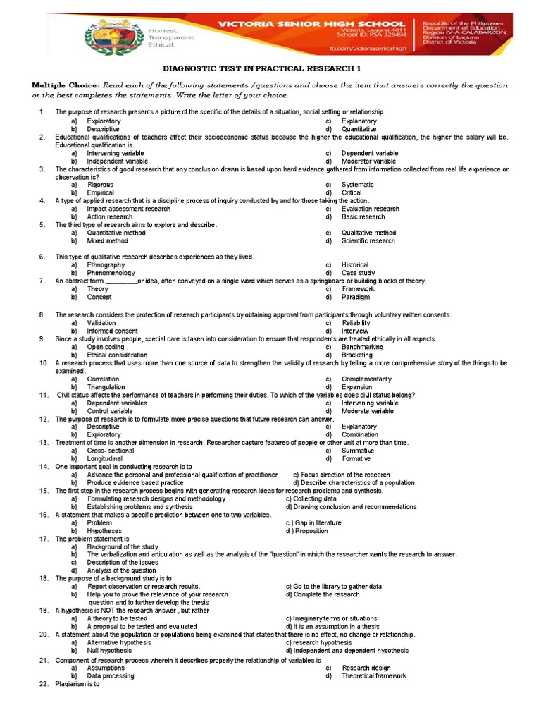 Diagnostic Test in Practical Research 1 | PDF | Sampling (Statistics ...
