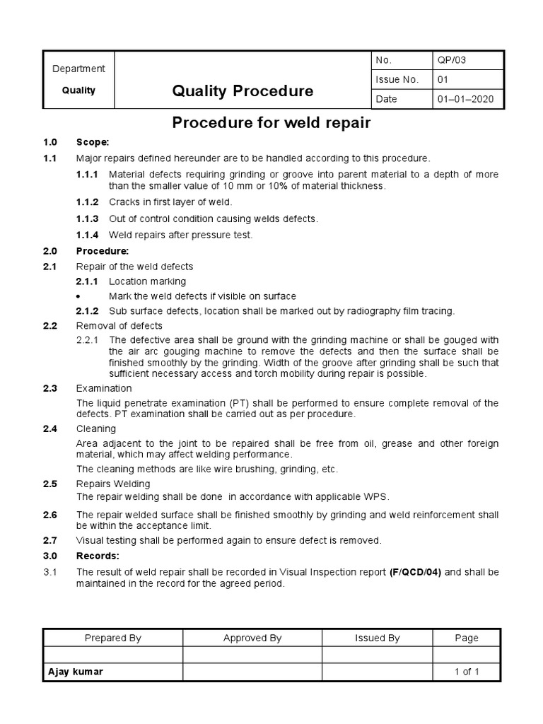 Quality Procedure Procedure For Weld Repair | PDF | Grinding (Abrasive ...