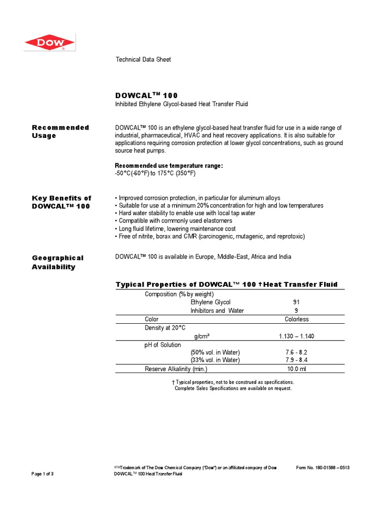 Dowcal 100: Recommended Usage | PDF | Coolant | Density