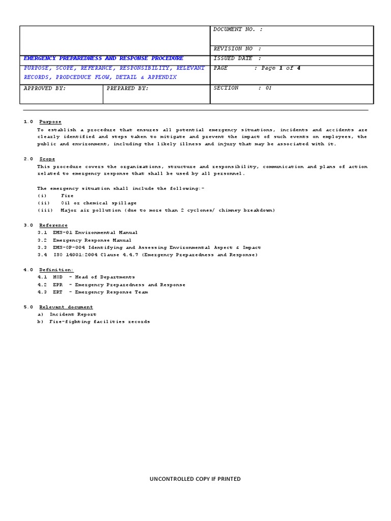 Emergency Preparedness and Response Procedure | PDF | Emergency ...