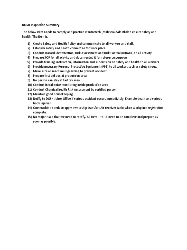 DOSH Inspection Compliance Report for Intretech Malaysia | PDF
