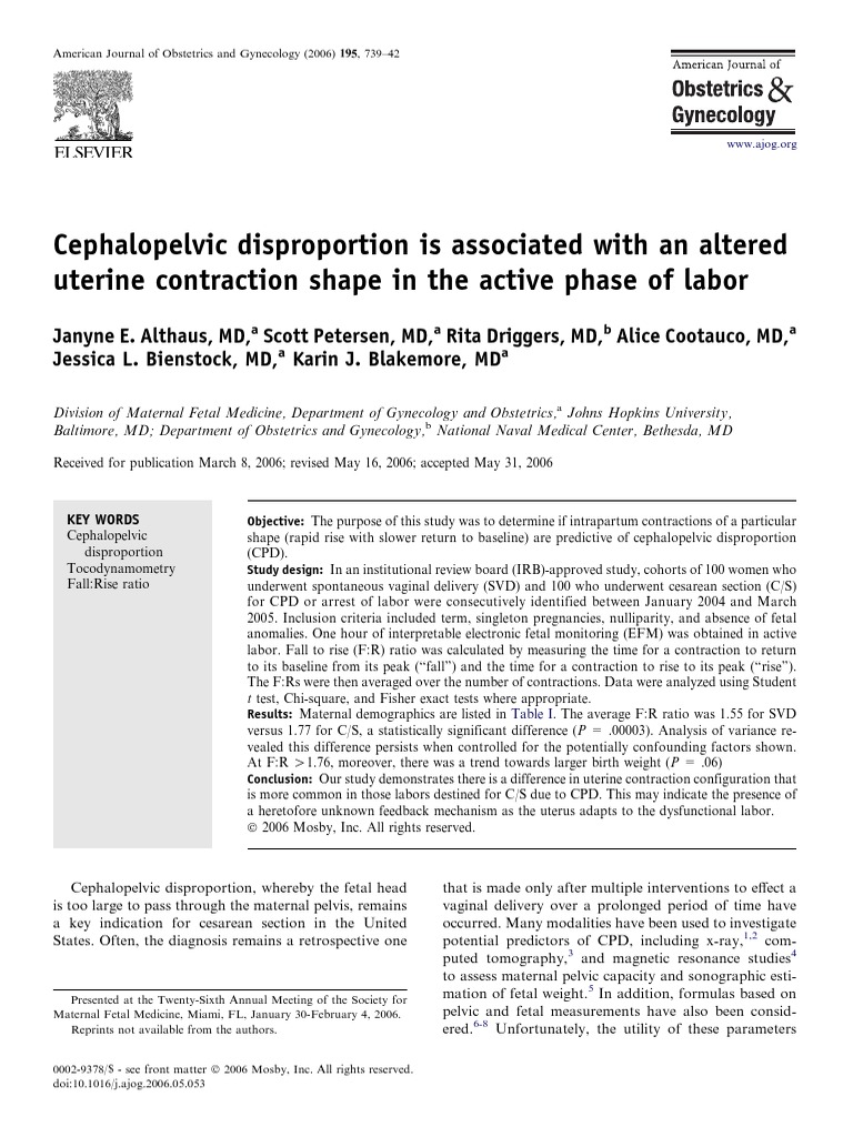 2006 Cephalopelvic Disproportion Is Associated With An Altered Uterine ...