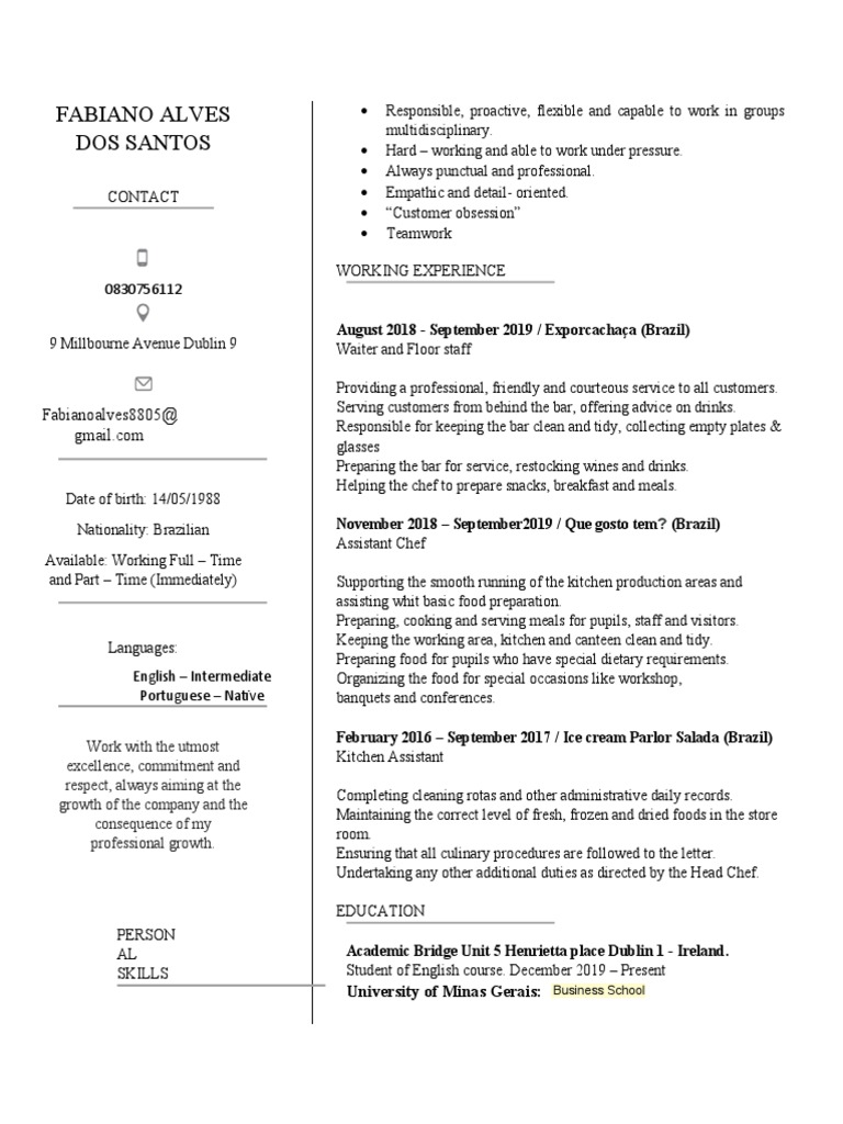 Brazilian Hospitality Professional CV | PDF | Chef | Kitchen