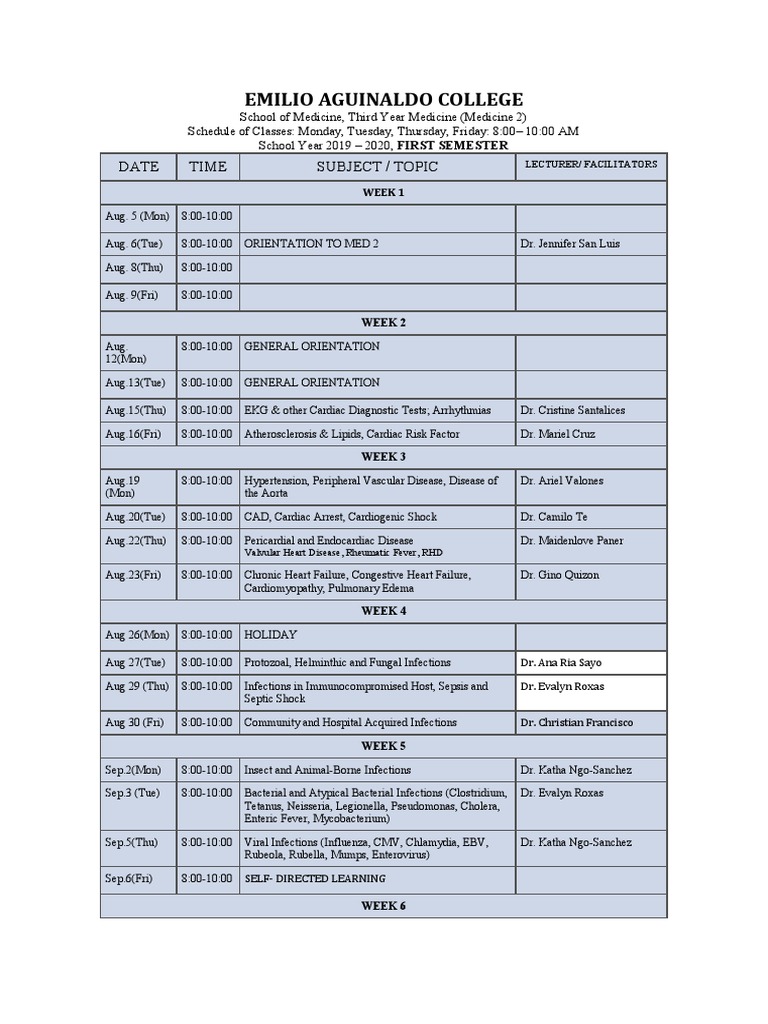 EAC Med2 Schedule First Sem 2019-2020 | PDF | Arthritis | Kidney Disease