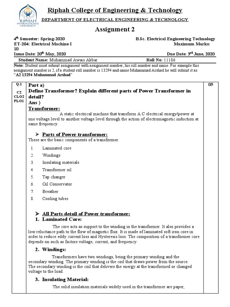 EET EM I Assignment 2 Solve | PDF | Electric Power Distribution | Transformer