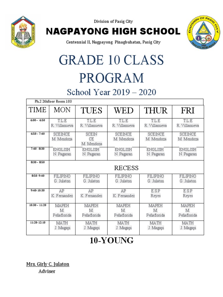 Grade 10 Class Program: Nagpayong High School | PDF
