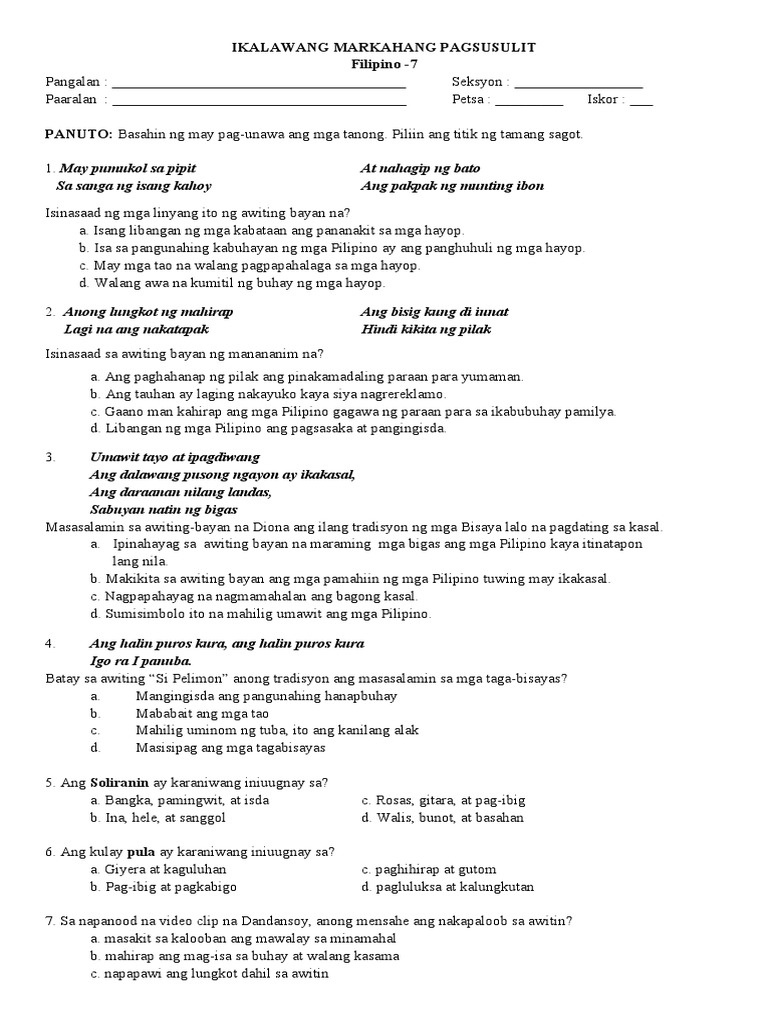 Grade 7 - SECOND QUARTER FIL. 7-1 | PDF