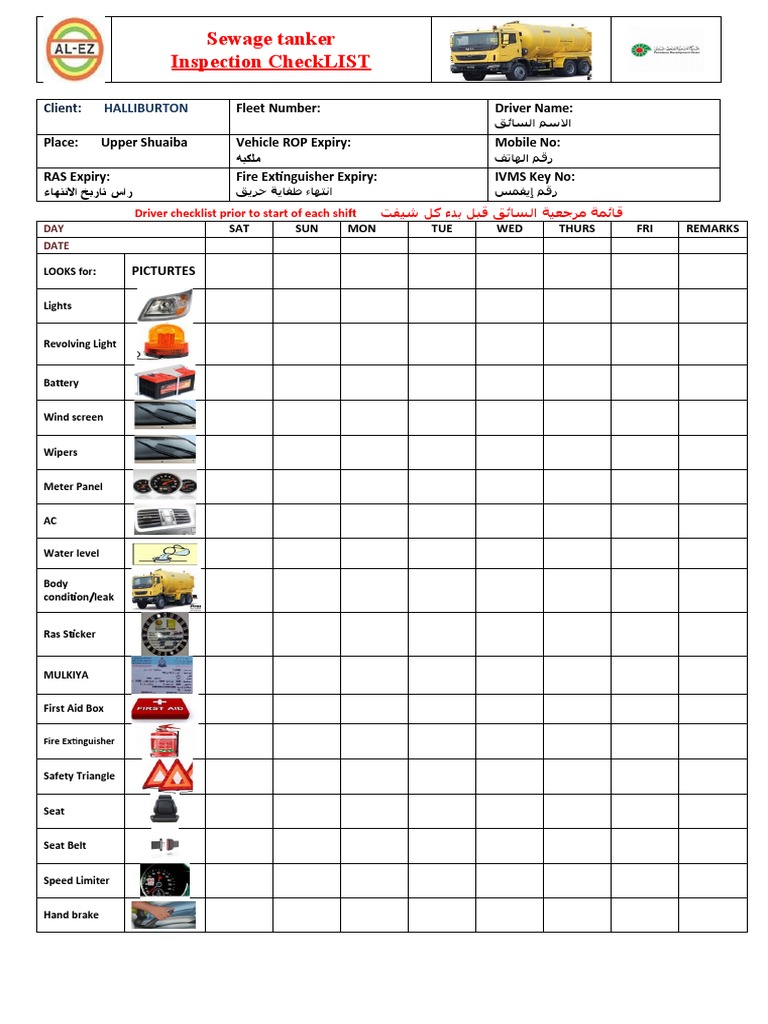 Sewage Tanker Inspection Checklist: Halliburton | PDF
