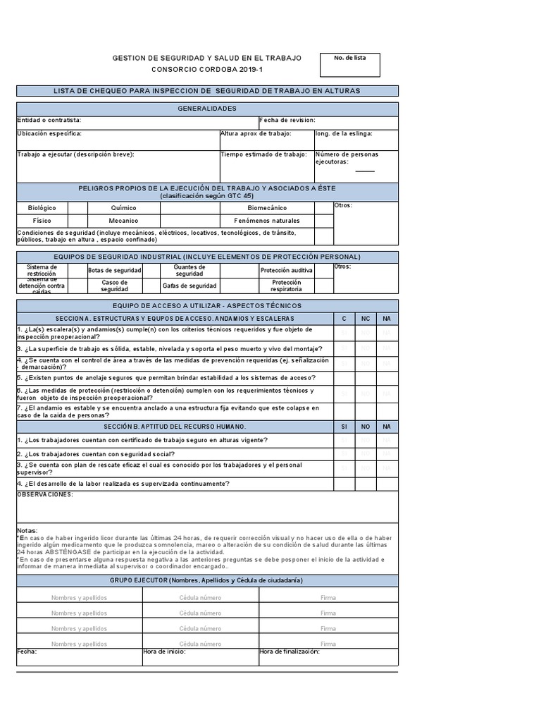 Formato Lista de chequeo para trabajos en altura | Andamio | Bienestar