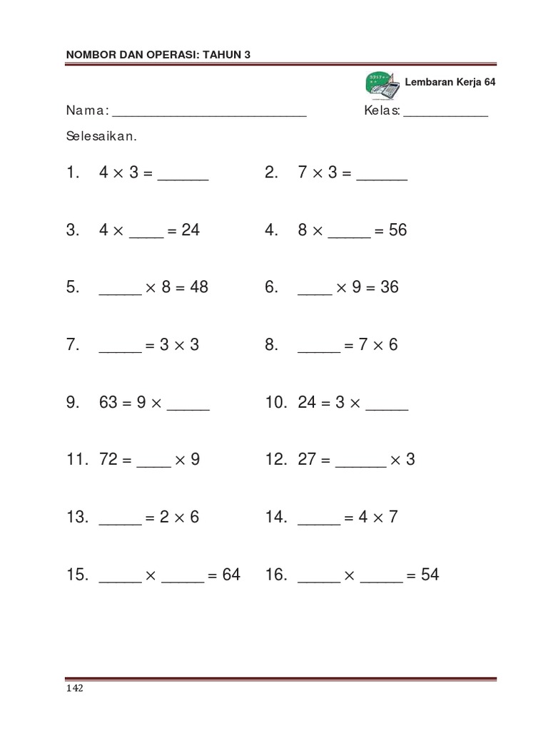 Latihan Matematik Tahun 3: Nombor dan Operasi | PDF