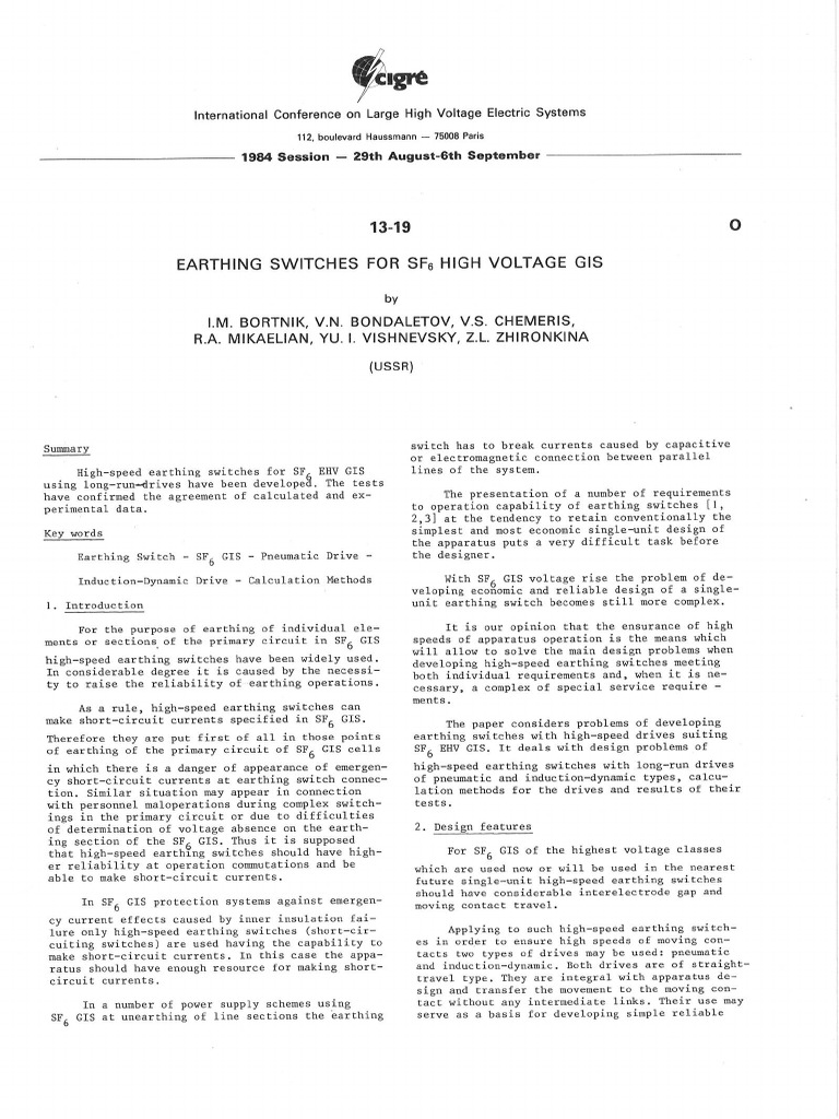 Earthing Switches For SF6 HV GIS | PDF