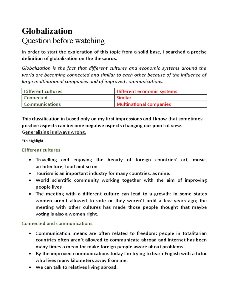 Globalization: Question Before Watching | PDF | Globalization ...