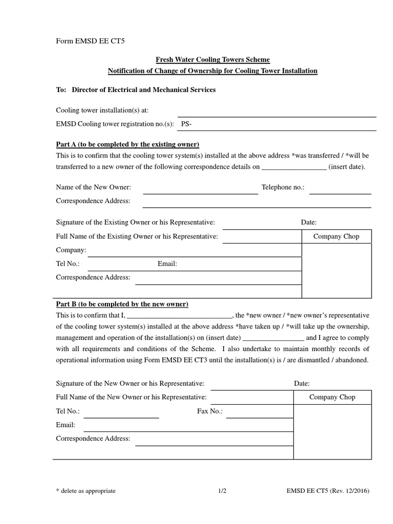 Form Emsd Ee Ct5: Fresh Water Cooling Towers Scheme Notification of ...