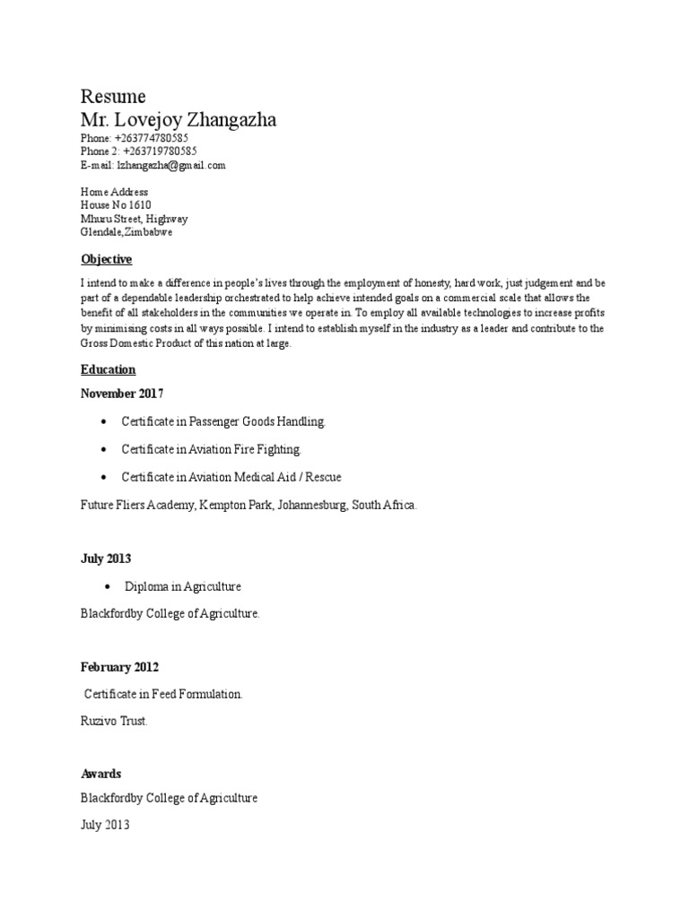 Resume Mr. Lovejoy Zhangazha: Objective | PDF | Zimbabwe | Agriculture