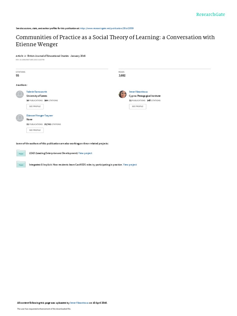 Communities of Practice As A Social Theory of Learning A Conversation ...
