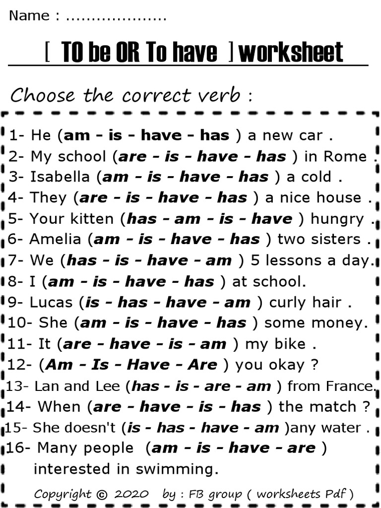 (TO Be OR To Have) Worksheet: Choose The Correct Verb | PDF | Language ...