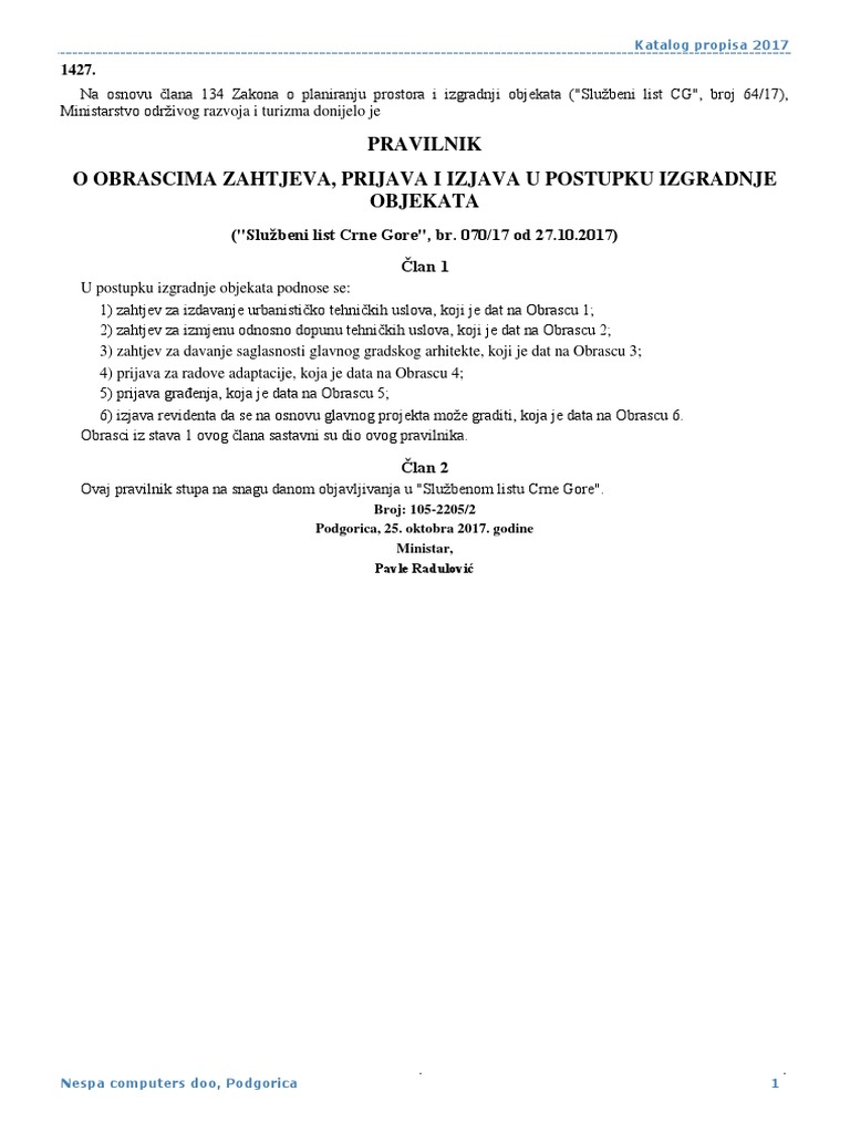 Pravilnik o Obrascima Zahtjeva Prijava I Izjava U Postupku Izgradnje ...