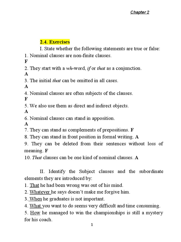 Exercises - Nominal and Relative Clauses | PDF | Clause | Syntax