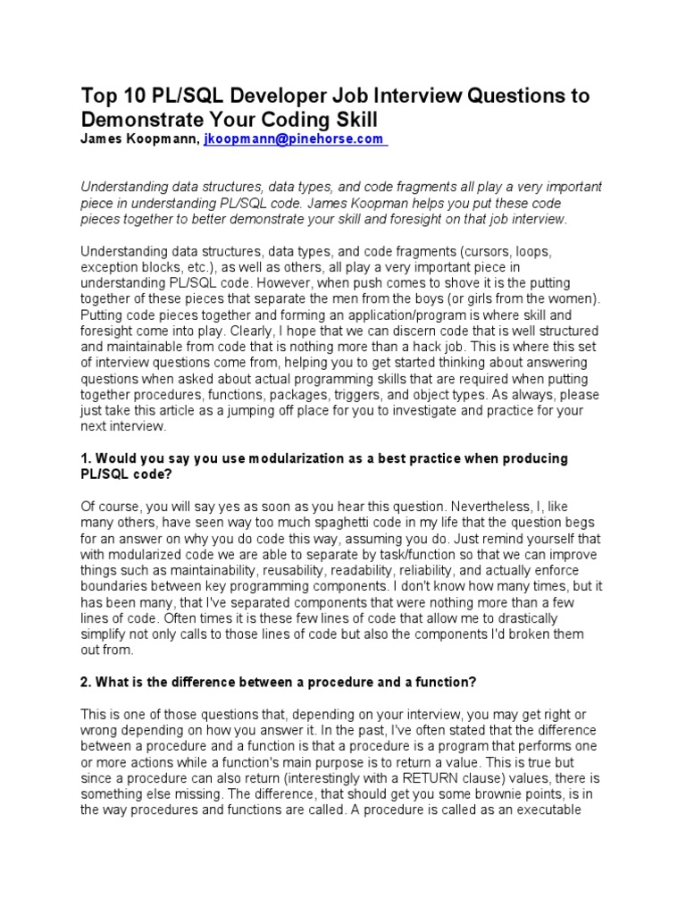 Top 10 PLSQL Developer Job Interview Questions | PDF | Pl/Sql | Subroutine Top 10 PLSQL Developer Job Interview Questions | PDF | Pl/Sql | Subroutine