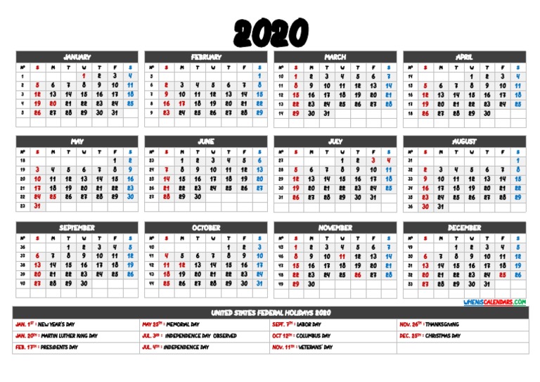 2020 Printable Calendar With Holidays | PDF | Federal Government Of The ...