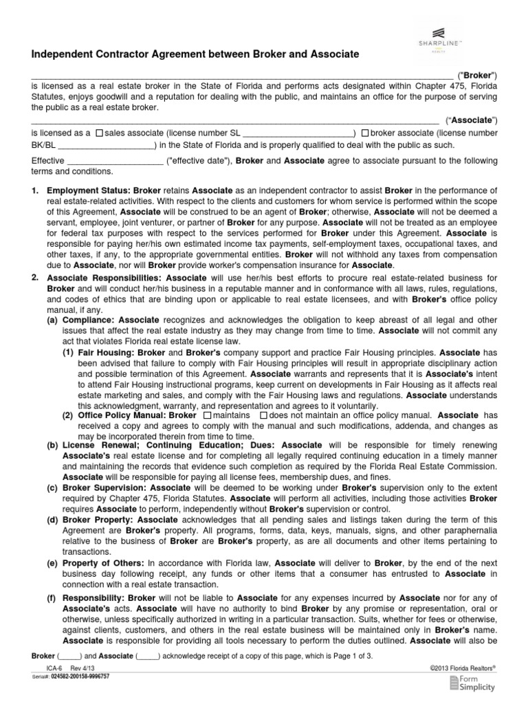 Independent Contractor Agreement Between Broker and Associate | PDF ...