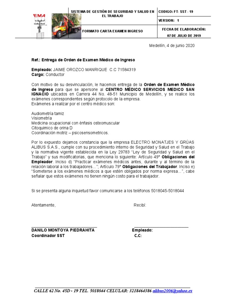 Carta Examenes Medicos de Ingreso | PDF