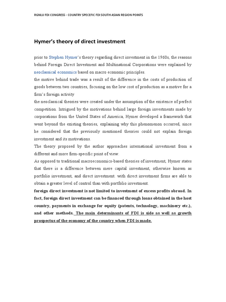 Hymer's Theory FDI | PDF