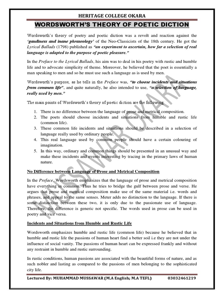 Wordsworth Theory of Poetic Diction & Poets Poetry | PDF | William ...