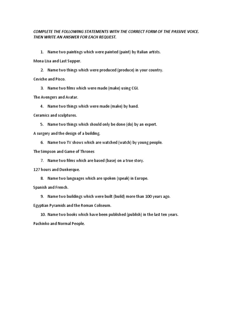 Complete The Following Statements With The Correct Form of The Passive ...