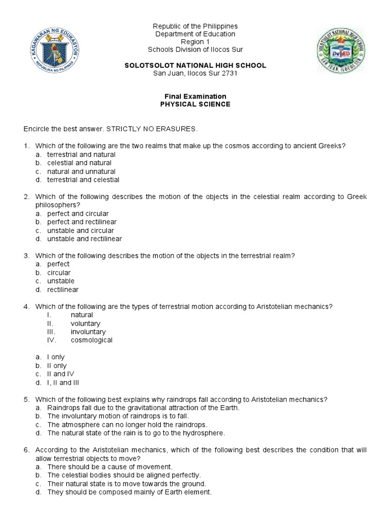 Final Examination Physical Science | PDF | Planets | Sun