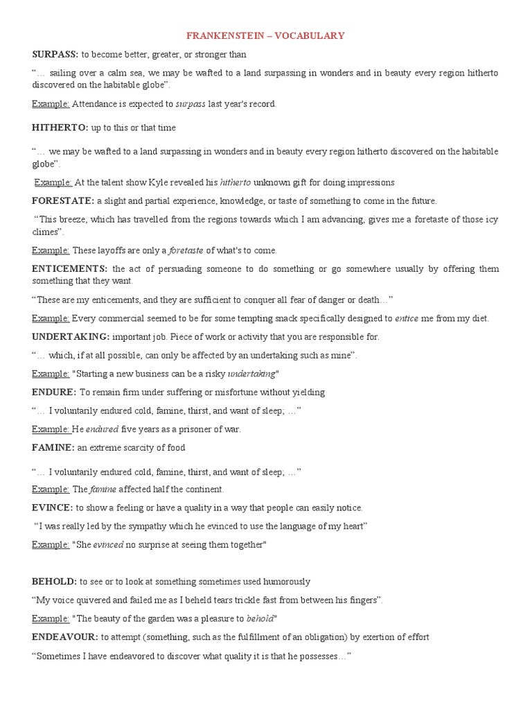 FRANKENSTEIN Vocabulary - Letters | PDF | Mary Shelley | Age Of ...