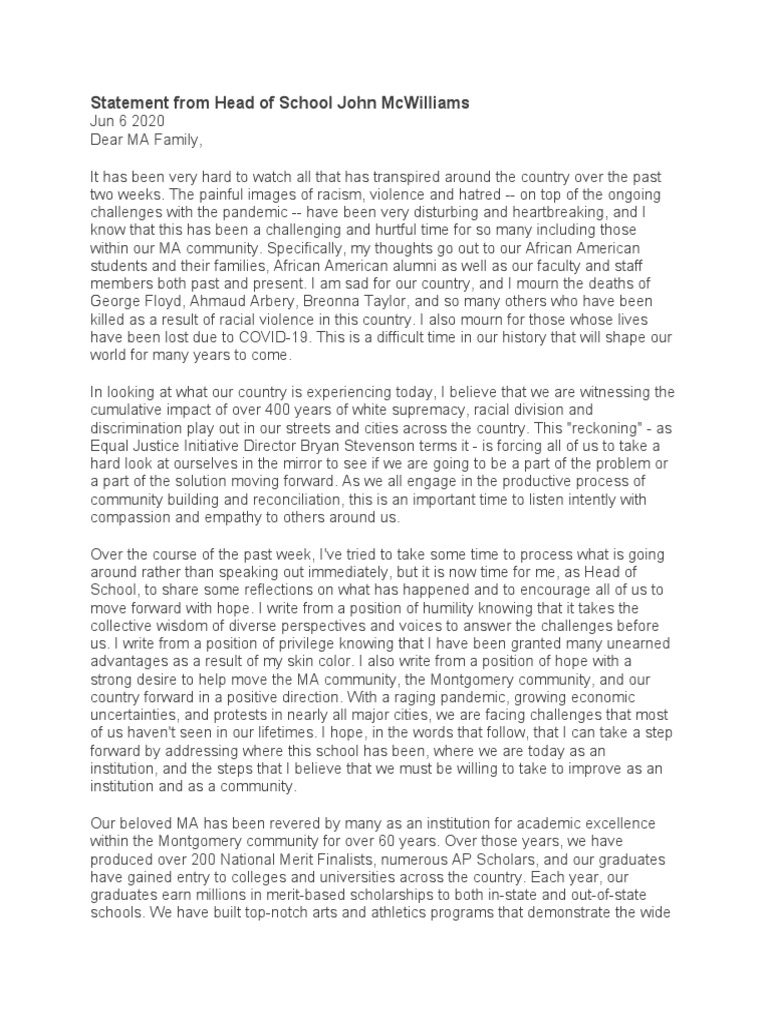 Head of School's Statement on Diversity | PDF | Curiosity | Leadership