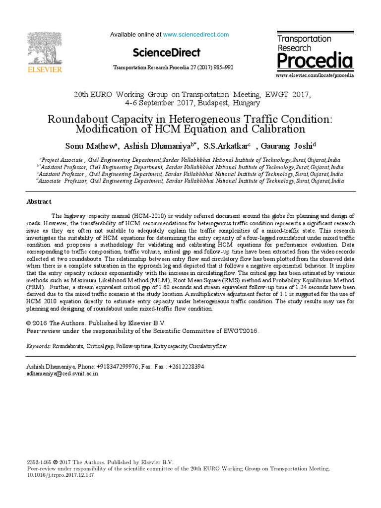 Roundabout Capacity in Heterogeneous Traffic Condition Modification of HCM Equation and ...